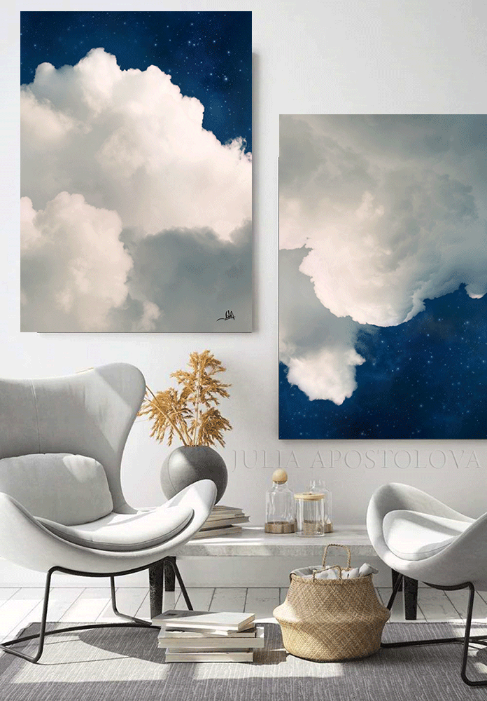 Midnight Clouds Set of Two Cloud Paintings Large Abstract Canvas Art – Julia Apostolova