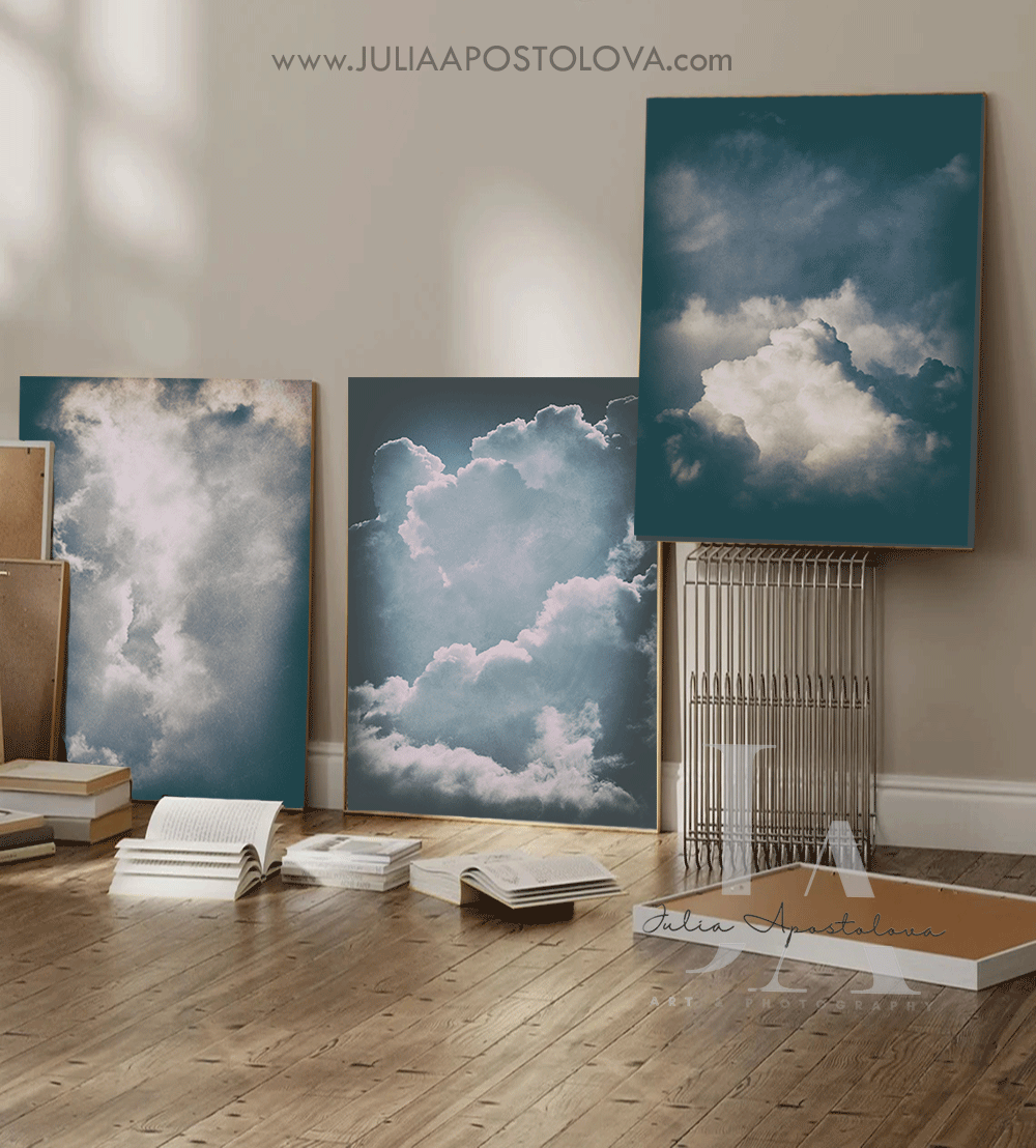 Moody Cloud Art Prints Large Blue Abstract Set of 4 Oversized Canvas – Julia Apostolova